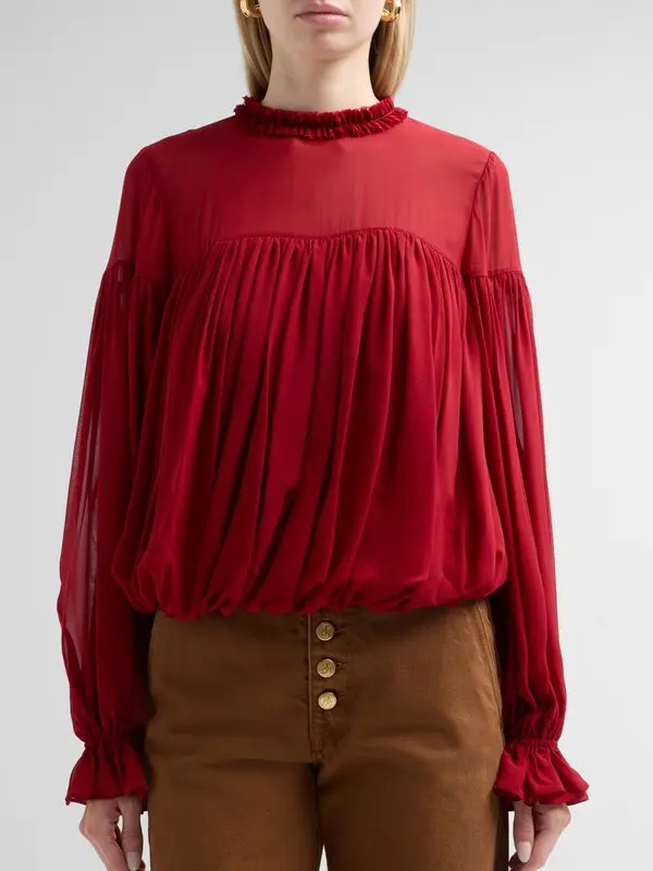 Ulla Johnson Pearl Gathered Silk Blouse - Cerise