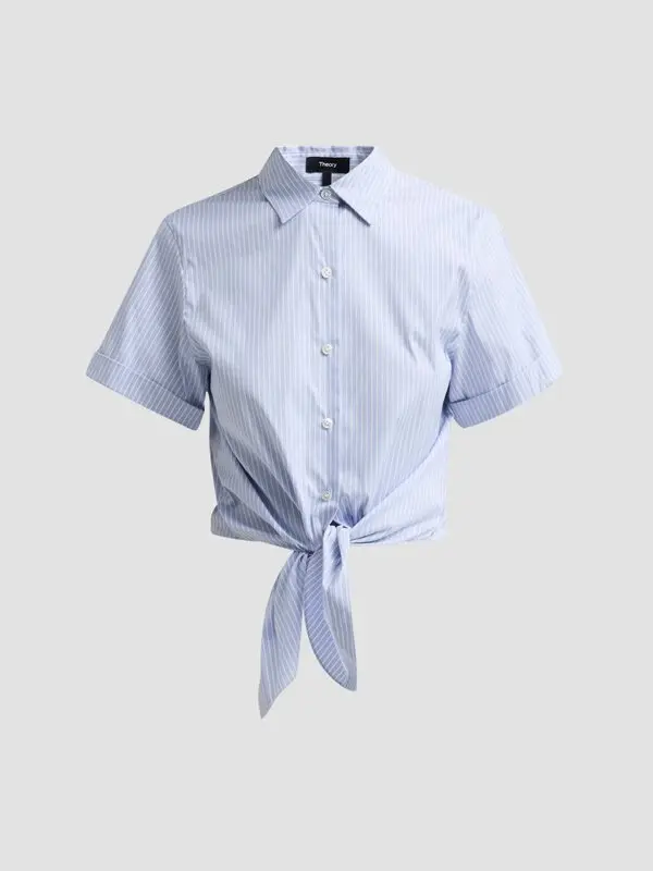 Theory Pinstriped Cotton-blend Tie-front Shirt - Blue Multi
