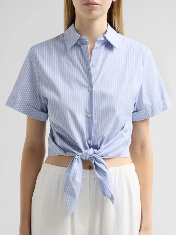 Theory Pinstriped Cotton-blend Tie-front Shirt - Blue Multi