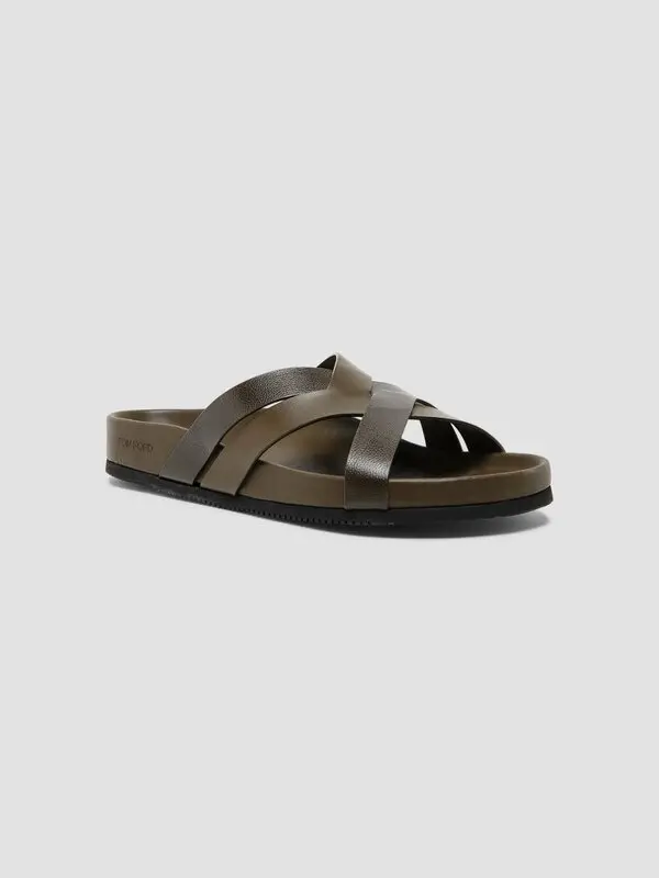 TOM FORD Crisscross Strap Leather Sandals - Dark Moss