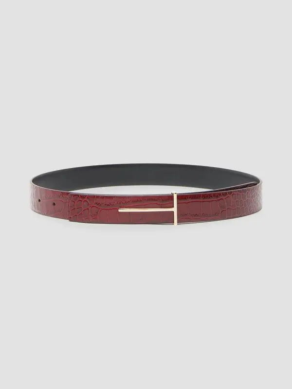 TOM FORD Slim T Croc-embossed Leather Belt - Ruby Red
