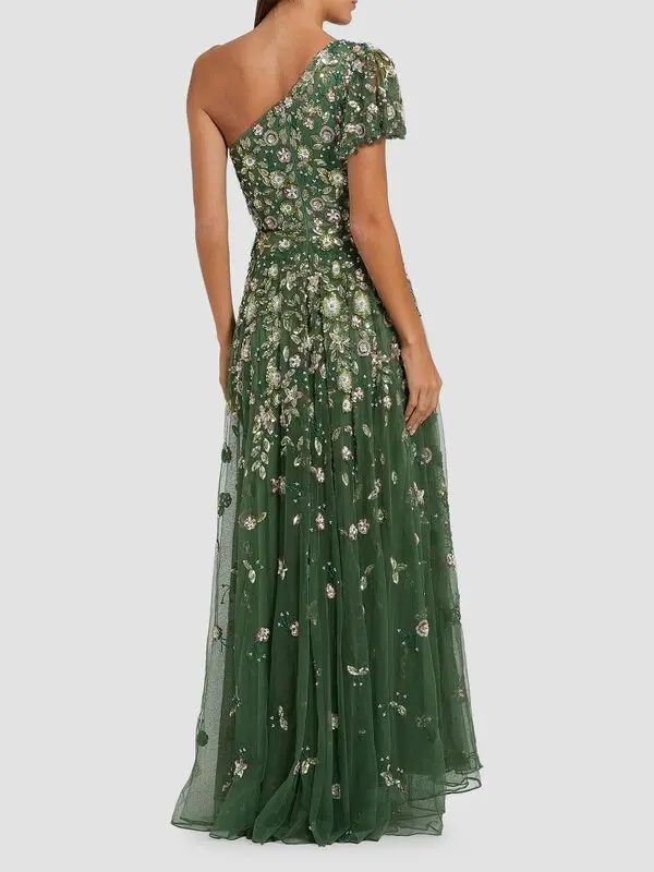Mac Duggal Floral-sequined Mesh One-shoulder Gown