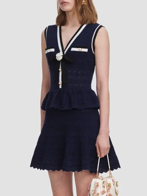 SELF-PORTRAIT Pointelle Knit Peplum Mini Dress