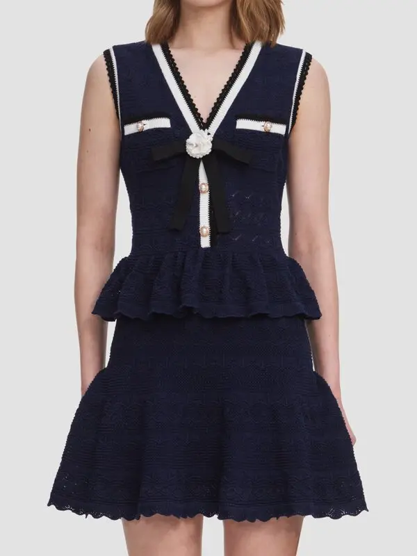 SELF-PORTRAIT Pointelle Knit Peplum Mini Dress
