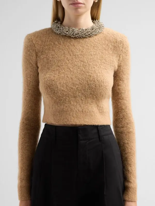 SELF-PORTRAIT Beaded-trim Knit Sweater - Brown