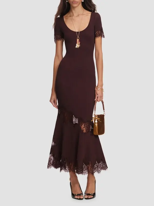 SELF-PORTRAIT Lace-trim Rib-knit Midi Dress