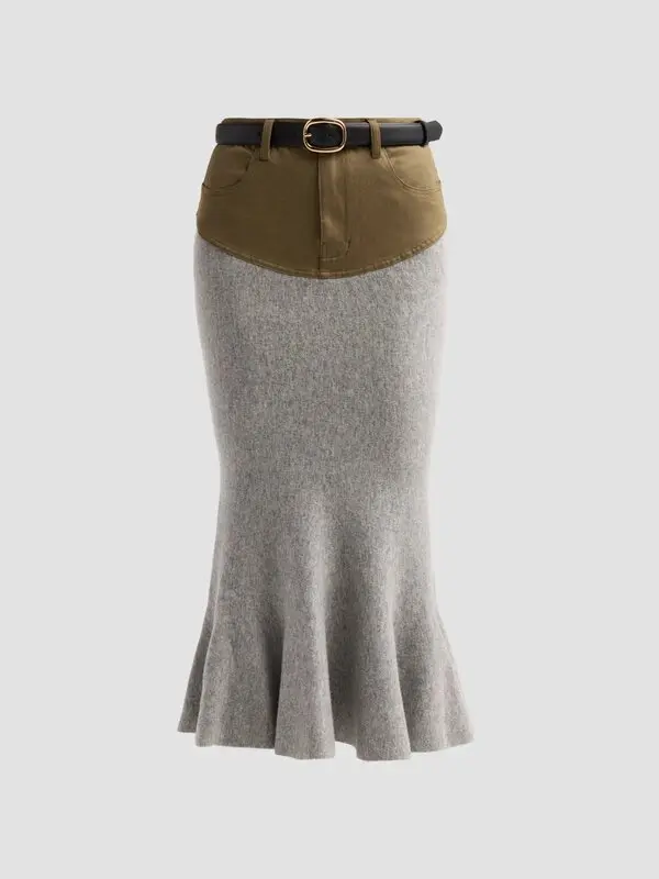 SELF-PORTRAIT Denim-insert Knit Midi Skirt - Grey