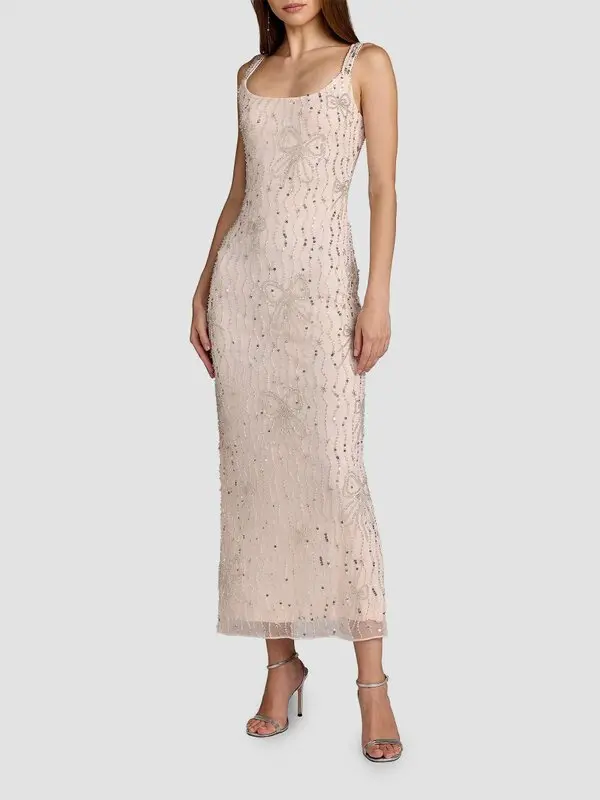 Mac Duggal Cocktail Beaded Mesh Scoopneck Gown - Blush
