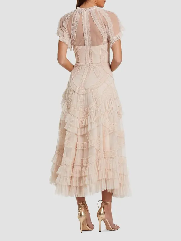 Mac Duggal Mesh Ruffle Flutter-sleeve Midi-dress