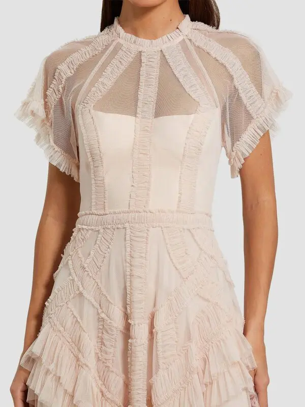 Mac Duggal Mesh Ruffle Flutter-sleeve Midi-dress