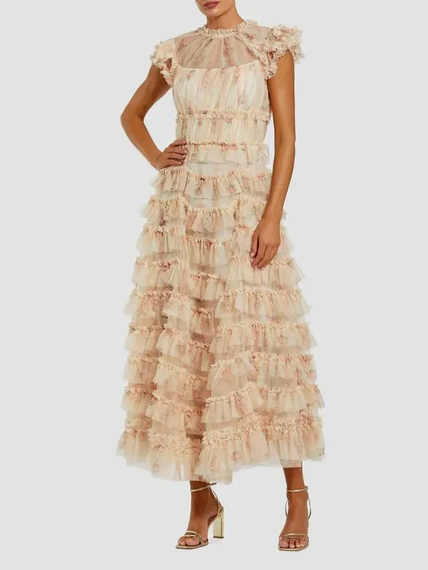 Mac Duggal Floral Mesh Ruffled Cocktail Dress - Ivory Multi
