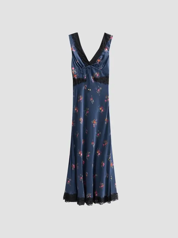 SELF-PORTRAIT Inset-lace Printed Satin Midi Dress