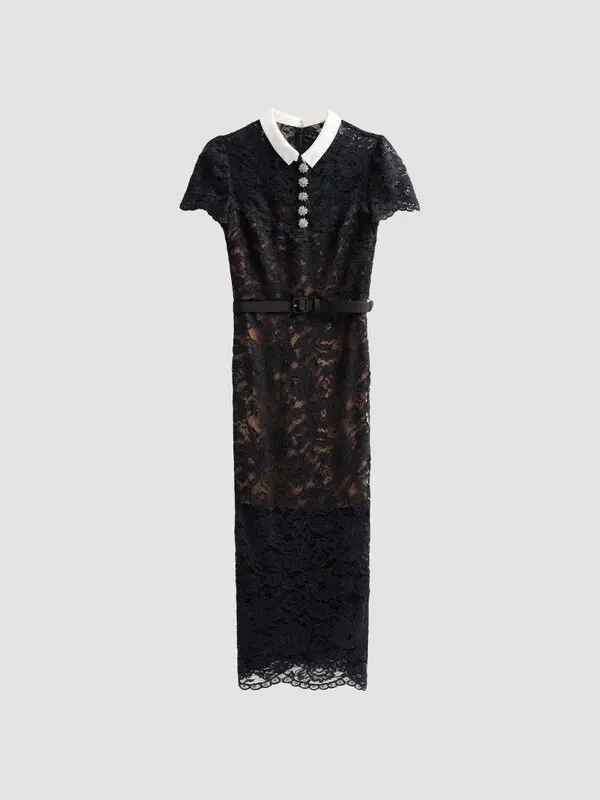 SELF-PORTRAIT Lace Contrast Collar Midi Dress