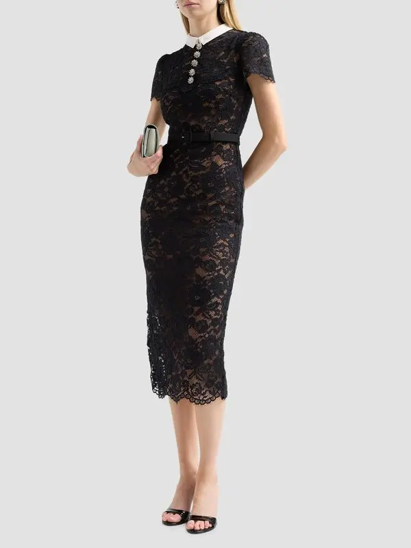 SELF-PORTRAIT Lace Contrast Collar Midi Dress