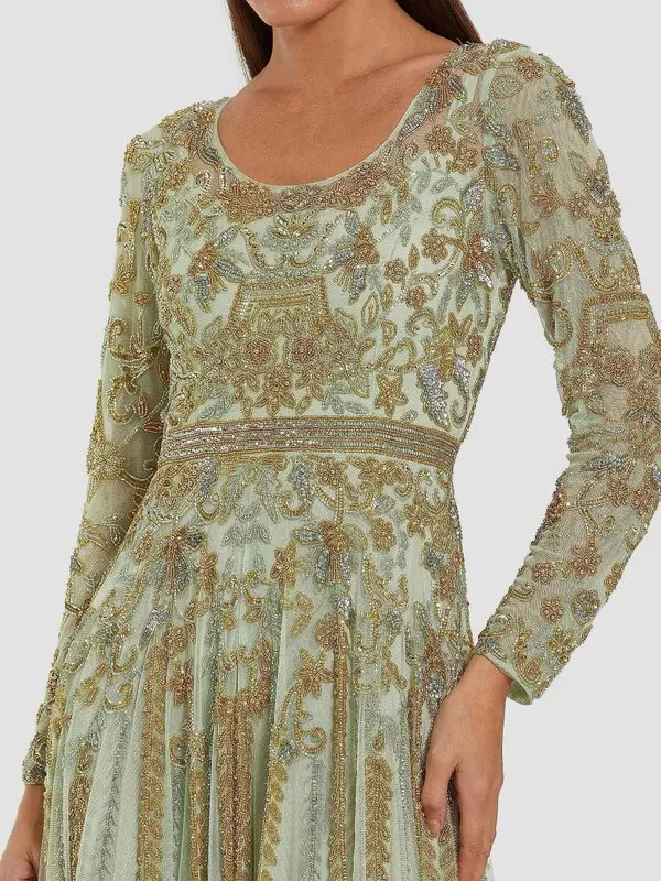 Mac Duggal Evening Beaded Mesh Gown - Light Sage