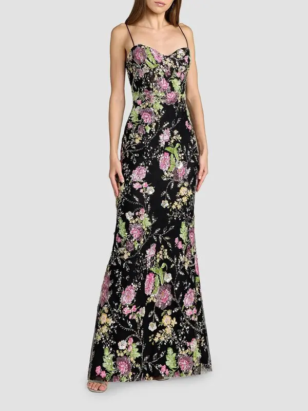 Mac Duggal Prom Floral Sequined Bustier Gown - Black Multi