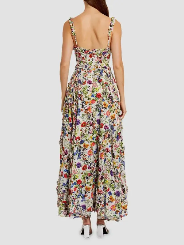 Mac Duggal Ruffle Floral Sweetheart Maxi Dress - White Multi
