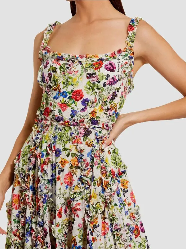 Mac Duggal Ruffle Floral Sweetheart Maxi Dress - White Multi
