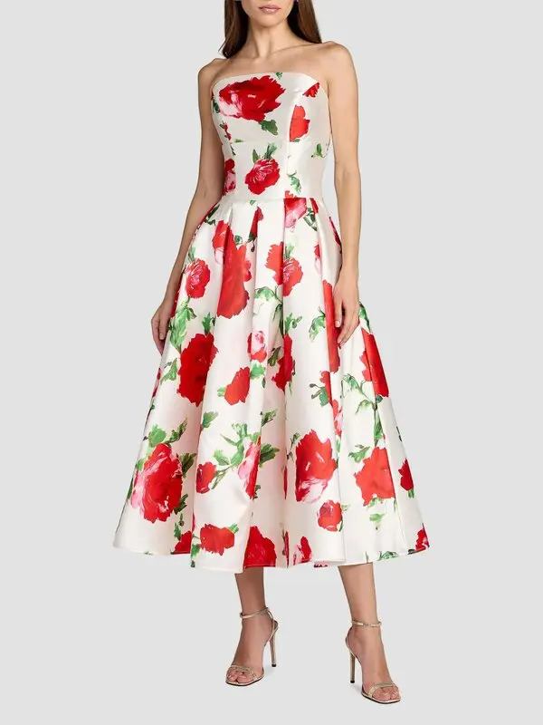 Mac Duggal Floral Strapless Satin Midi-dress