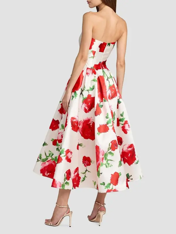 Mac Duggal Floral Strapless Satin Midi-dress