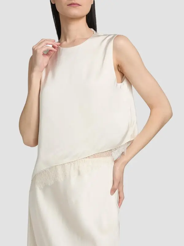Vince Asymmetric Satin Lace-trim Top