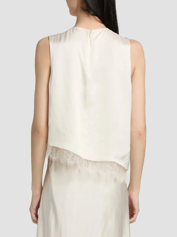 Vince Asymmetric Satin Lace-trim Top