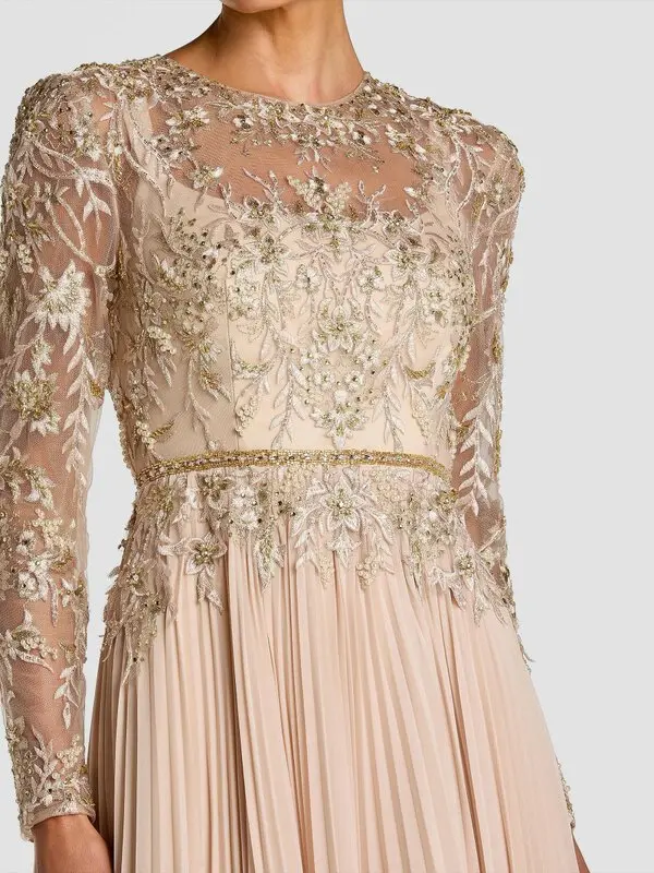 Mac Duggal Floral-embroidered Pleated Gown
