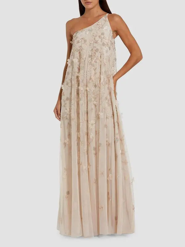 Mac Duggal Floral-embellished Mesh One-shoulder Gown