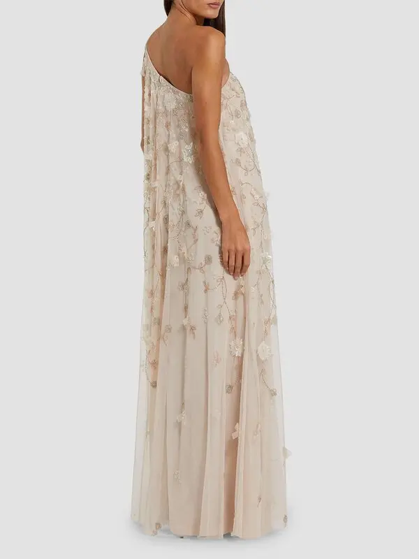 Mac Duggal Floral-embellished Mesh One-shoulder Gown