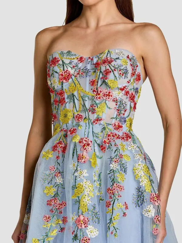 Mac Duggal Floral-embroidered Mesh Strapless Cocktail Dress