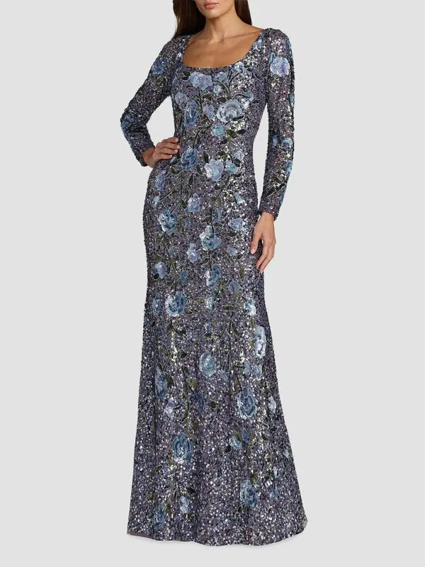 Mac Duggal Floral Beaded Mesh Gown - Hydrangea Multi