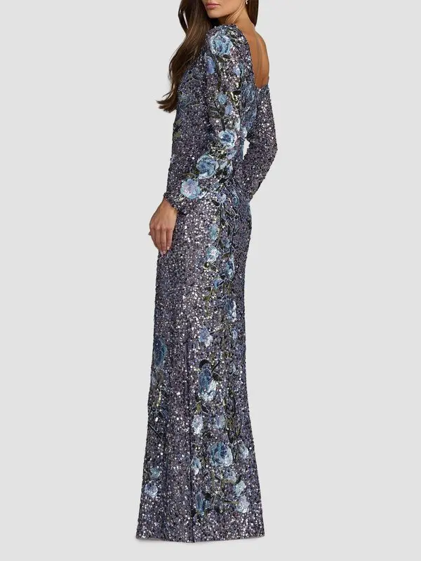 Mac Duggal Floral Beaded Mesh Gown - Hydrangea Multi