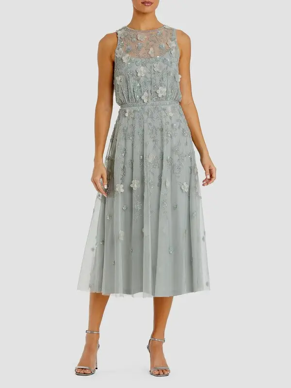 Mac Duggal Floral Embellished Mesh A-line Midi-dress