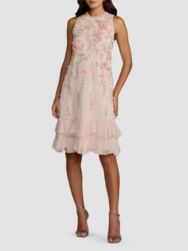 Mac Duggal Cocktail Floral Embellished Chiffon Tiered Dress - Peach