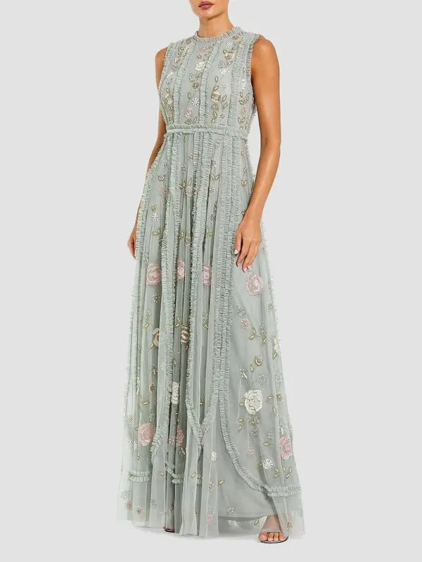 Mac Duggal Evening Embellished Ruffled Mesh A-line Gown - Sage Multi