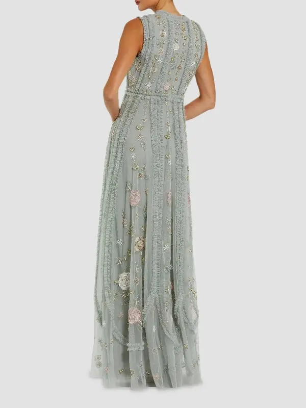 Mac Duggal Evening Embellished Ruffled Mesh A-line Gown - Sage Multi