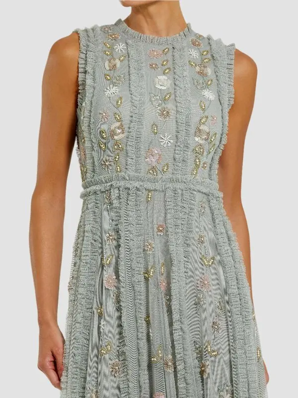 Mac Duggal Evening Embellished Ruffled Mesh A-line Gown - Sage Multi