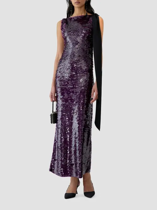 Carolina Herrera Sequined Bow-shoulder Sheath Gown - Plum