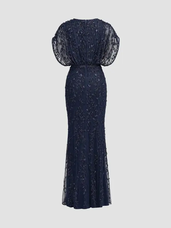 Mac Duggal Beaded Draped Mesh Column Gown - Navy