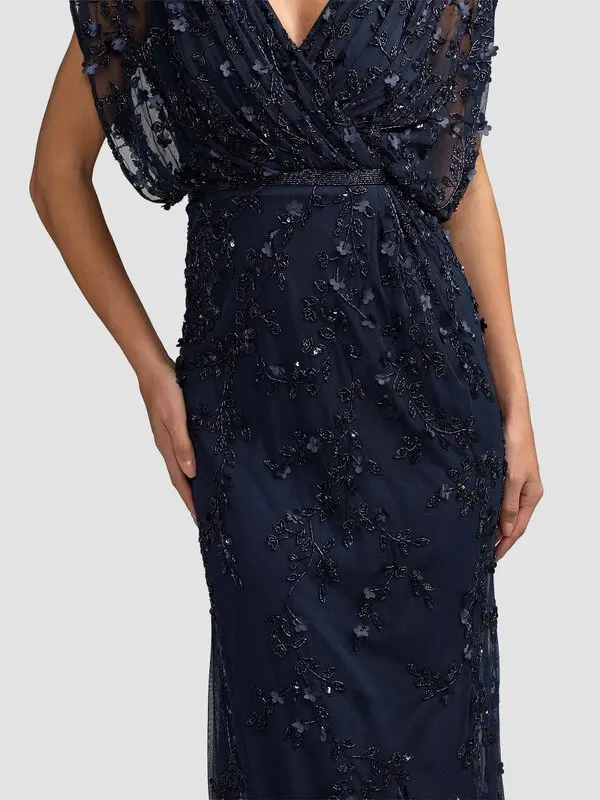 Mac Duggal Beaded Draped Mesh Column Gown - Navy