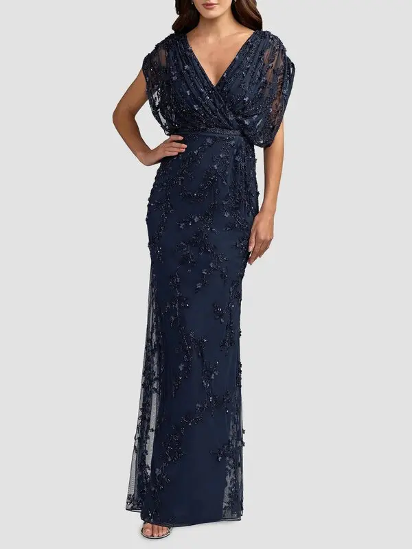 Mac Duggal Beaded Draped Mesh Column Gown - Navy