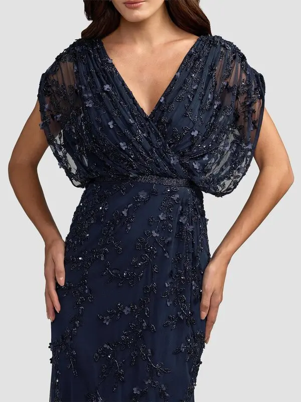 Mac Duggal Beaded Draped Mesh Column Gown - Navy