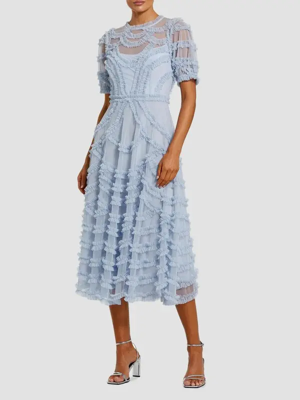 Mac Duggal Mesh Ruffle A-line Midi-dress - Periwinkle