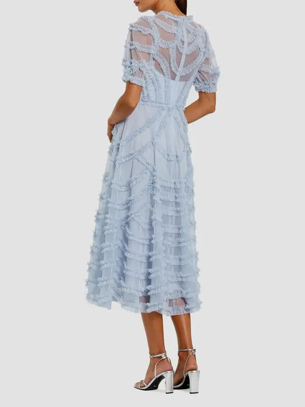 Mac Duggal Mesh Ruffle A-line Midi-dress