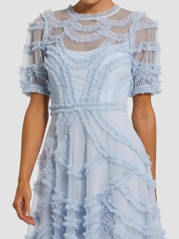 Mac Duggal Mesh Ruffle A-line Midi-dress