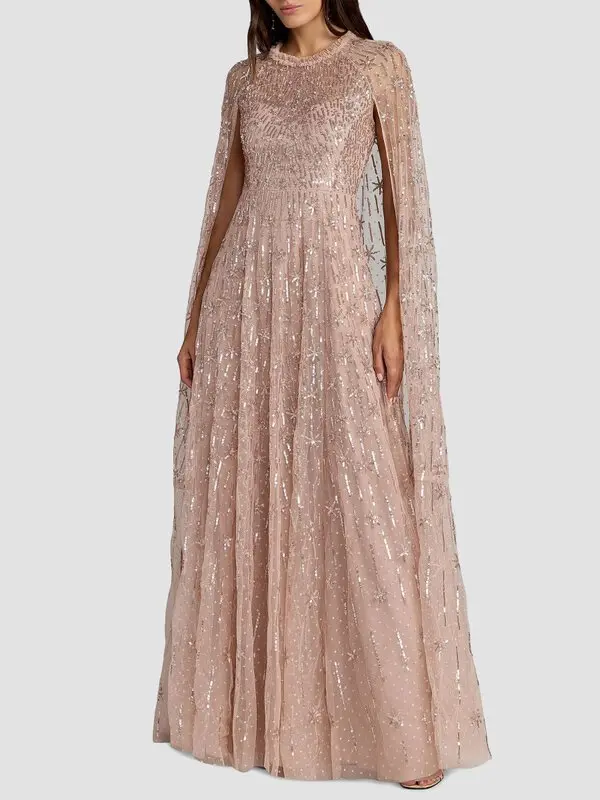 Mac Duggal Sequined Cape-sleeve Gown - Rose