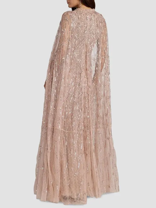 Mac Duggal Sequined Cape-sleeve Gown - Rose