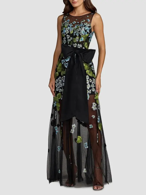 Mac Duggal Floral Embroidered Bow Appliqué Mesh Gown - Blue Multi