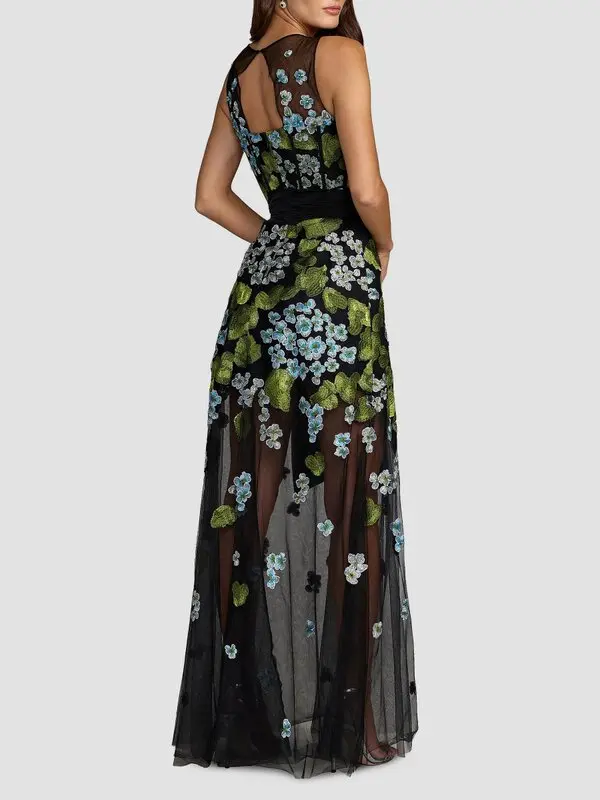 Mac Duggal Floral Embroidered Bow Appliqué Mesh Gown