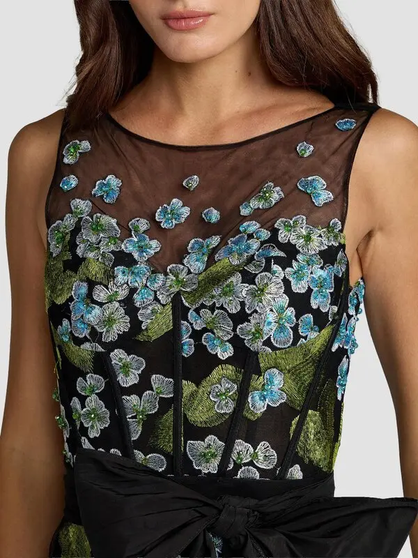 Mac Duggal Floral Embroidered Bow Appliqué Mesh Gown